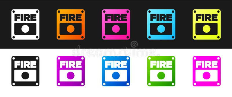 Set Fire Alarm System Icon Isolated on Black and White Background. Pull ...