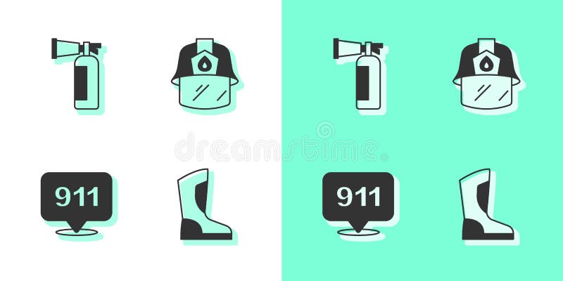 Set Fire Boots, Extinguisher, Emergency Call 911 and Firefighter Helmet ...