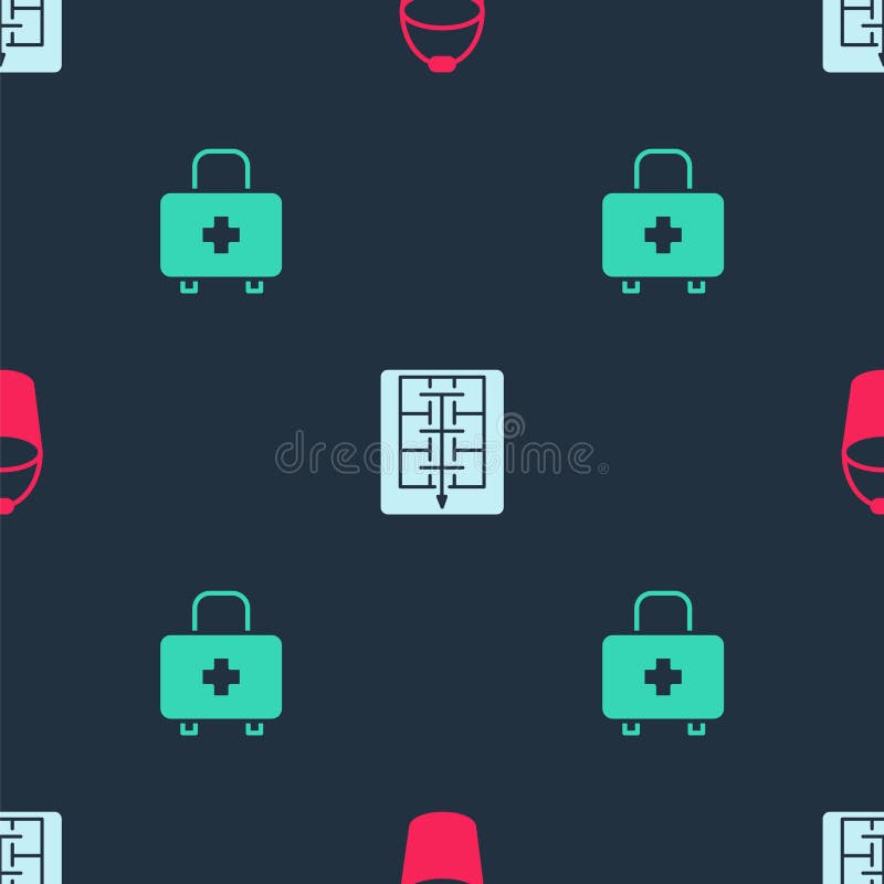 Set Fire Bucket, Evacuation Plan and First Aid Kit on Seamless Pattern ...