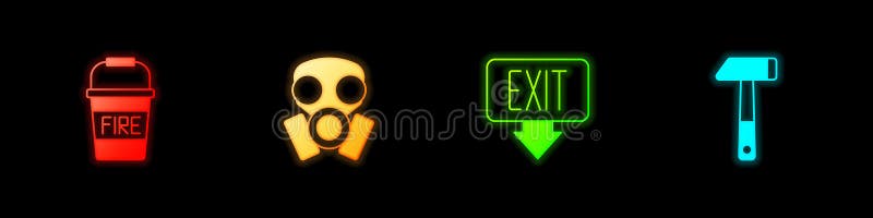 Set Fire Bucket, Gas Mask, Exit and Hammer Icon. Vector Stock Vector ...