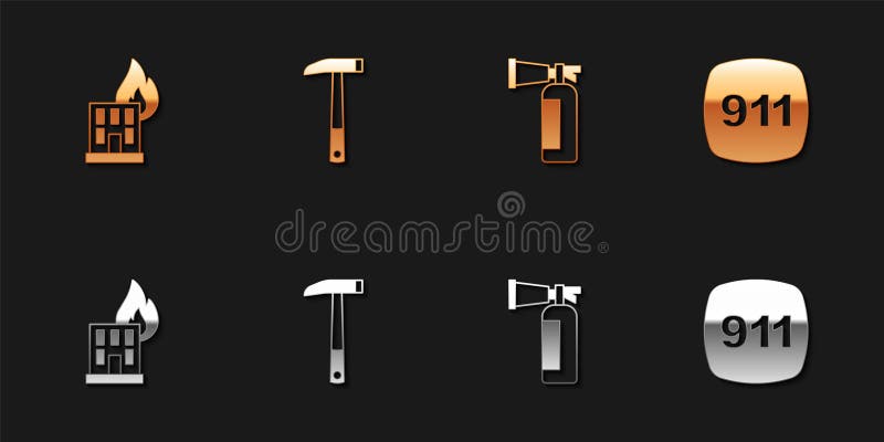 Set Fire in Burning Building, Firefighter Axe, Extinguisher and ...