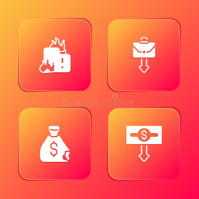 Set Fire in Burning House, Briefcase, Money Bag and Dollar Rate Decrease Icon. Vector Stock ...