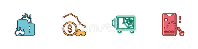 Set Fire in Burning House, Dollar Rate Decrease, Safe and Mobile Stock Trading Icon. Vector ...