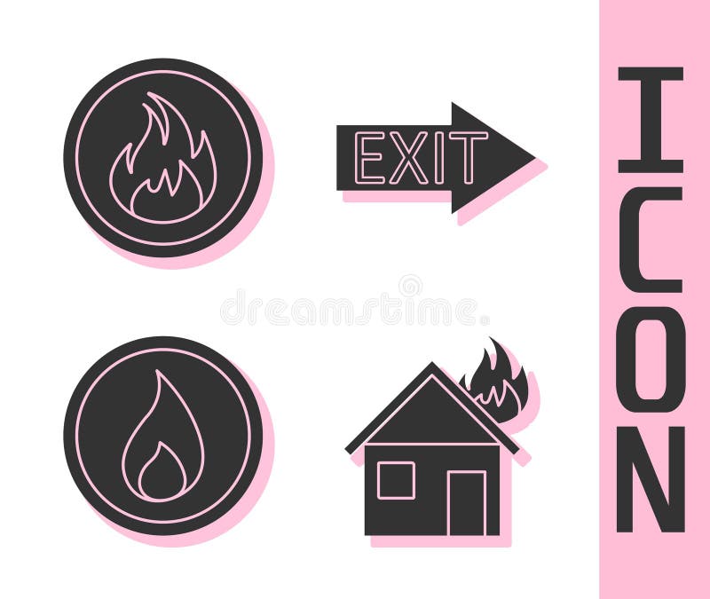 Set Fire in Burning House, Fire Flame, Fire Flame and Fire Exit Icon ...