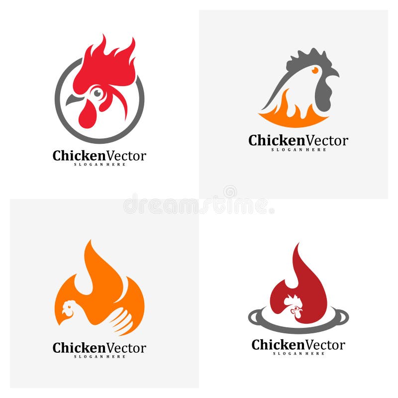 Set of Fire Chicken Logo Design Vector Template, Rooster Illustration ...