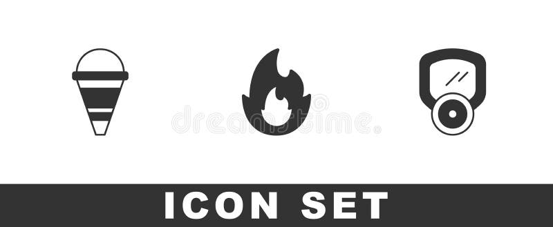Set Fire Cone Bucket, Flame and Gas Mask Icon. Vector Stock Vector ...