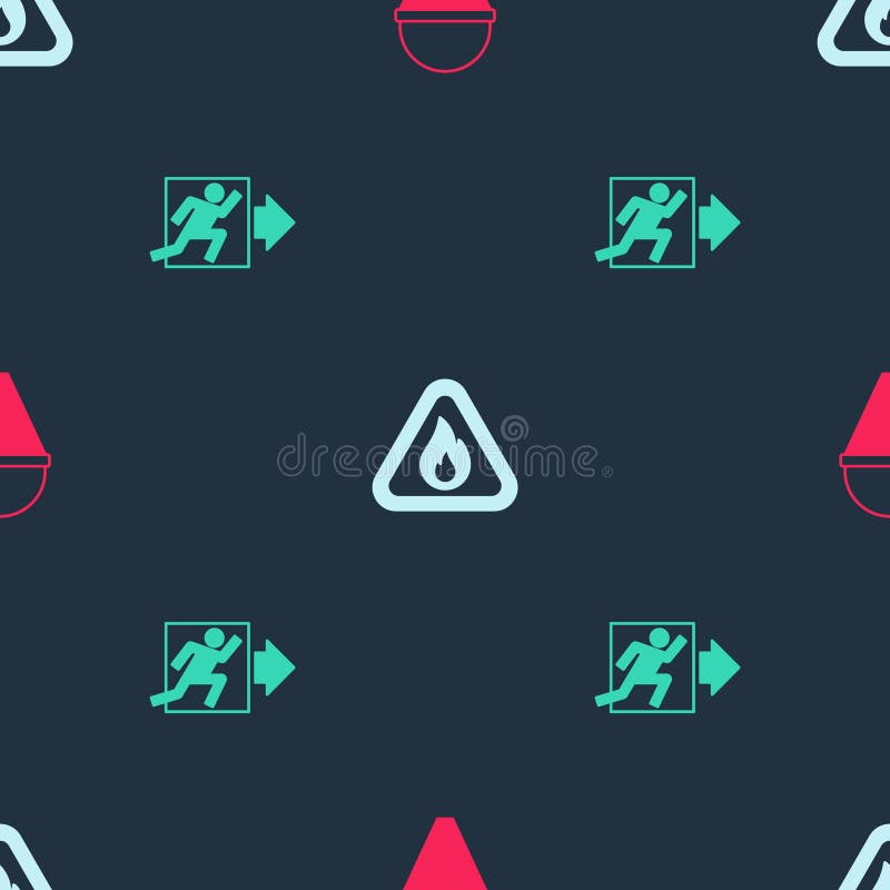 Set Fire Cone Bucket, Flame in Triangle and Exit on Seamless Pattern ...