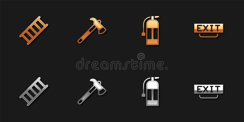 Set Fire Escape, Firefighter Axe, Extinguisher and Exit Icon. Vector ...