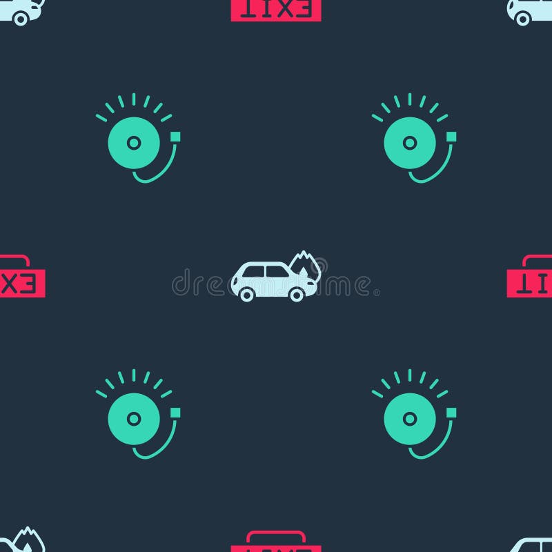 Set Fire Exit, Burning Car and Ringing Alarm Bell on Seamless Pattern ...