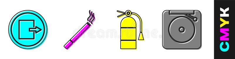 Set Fire Exit, Cigarette, Fire Extinguisher and Ringing Alarm Bell Icon ...