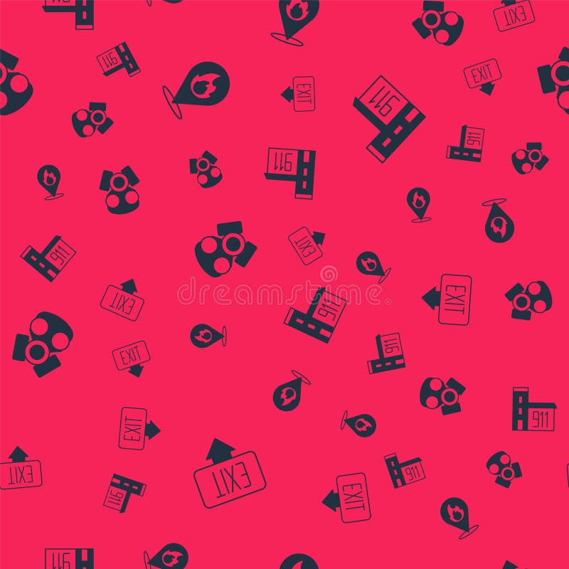 Set Fire Exit, Location with Fire Flame, Gas Mask and Building of ...