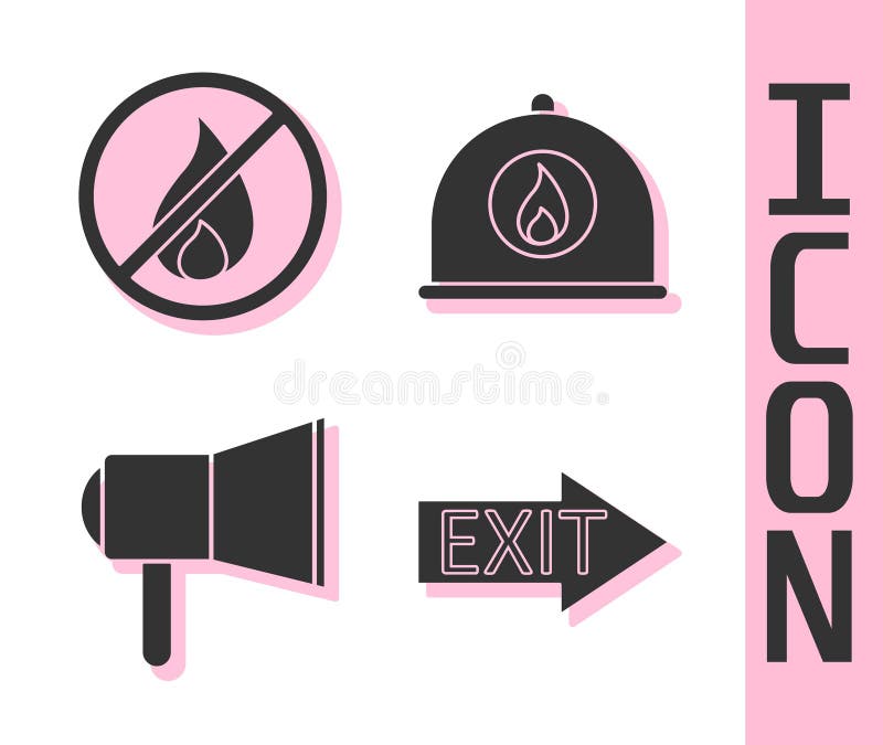Set Fire Exit, No Fire, Megaphone And Firefighter Helmet Icon. Vector ...
