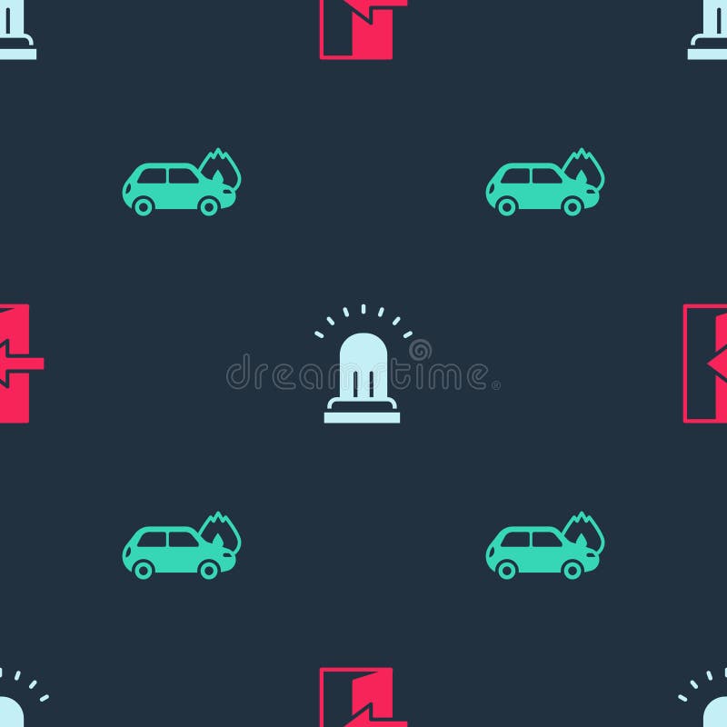 Set Fire Exit, Ringing Alarm Bell and Burning Car on Seamless Pattern ...