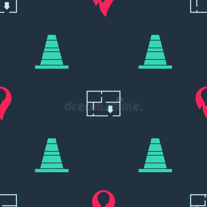 Set Fire Flame, Evacuation Plan and Traffic Cone on Seamless Pattern ...