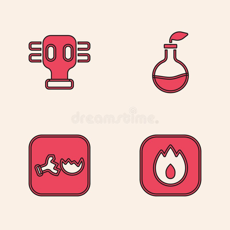 Set Fire Flame, Gas Mask, Plant Breeding and Broken Flask Icon. Vector ...