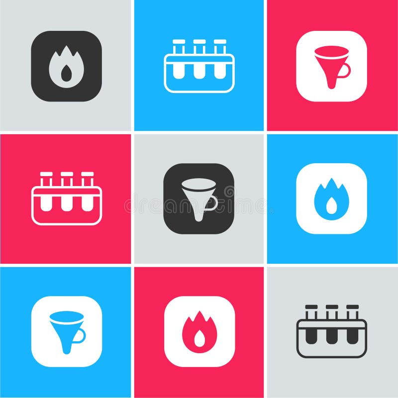 Set Fire Flame, Test Tube and Flask and Funnel or Filter Icon. Vector ...
