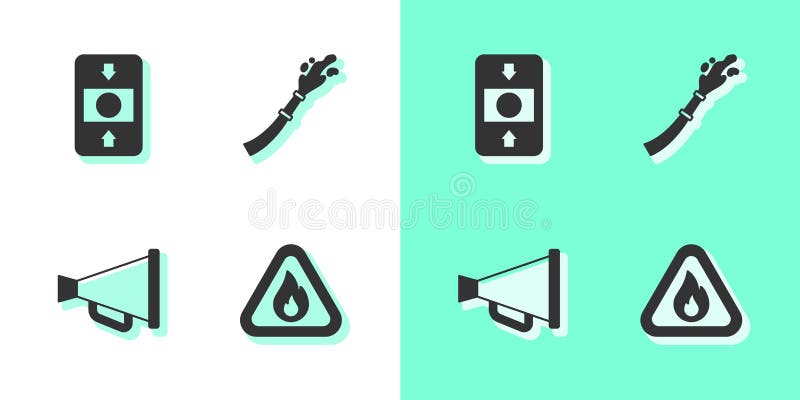 Set Fire Flame in Triangle, Alarm System, Megaphone and Hose Reel Icon ...