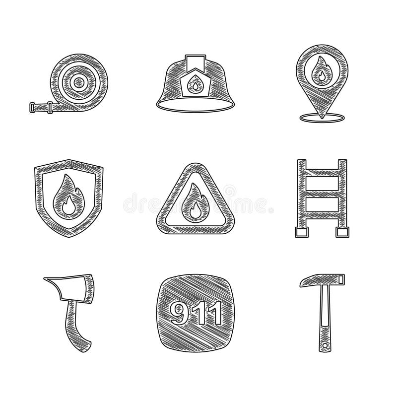 Set Fire Flame in Triangle, Emergency Call 911, Firefighter Axe, Escape ...