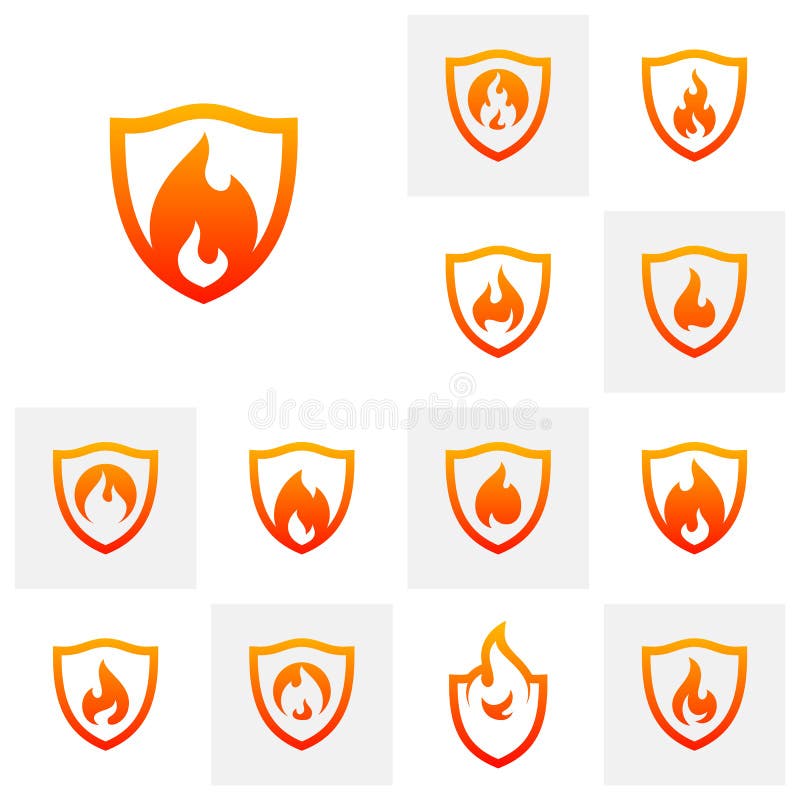 Set of Fire Shield Logo Design Vector Template. Shield Fire Logo ...