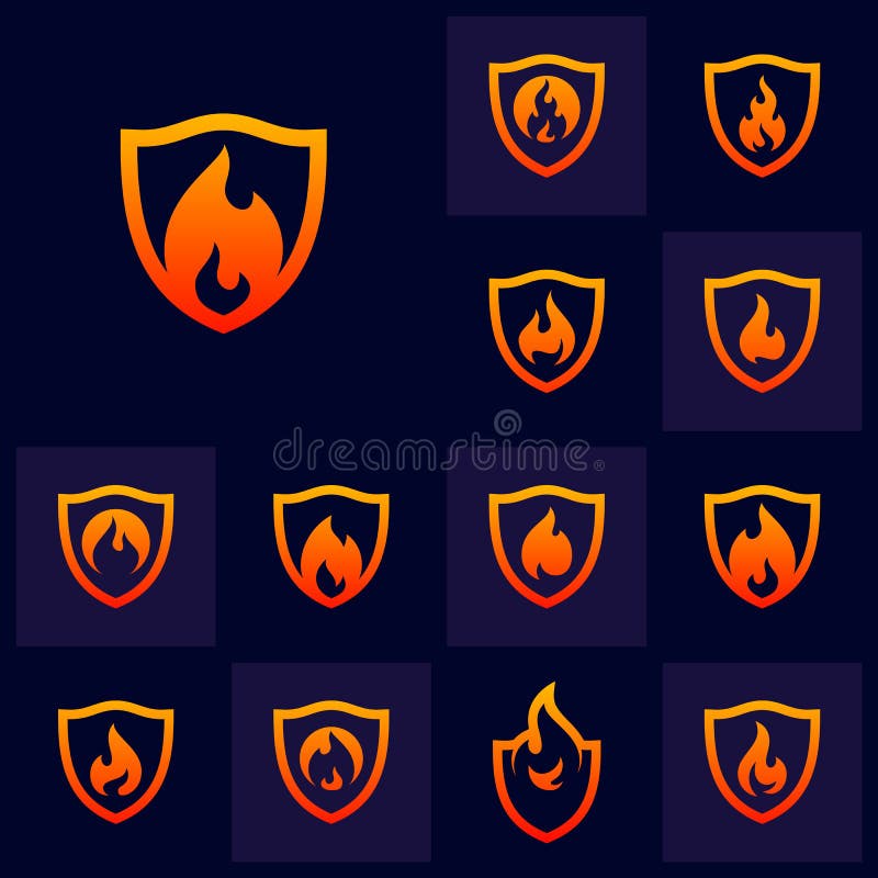 Set of Fire Shield Logo Design Vector Template. Shield Fire Logo ...