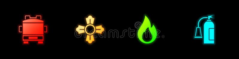Set Fire Truck, Firefighter, Flame and Extinguisher Icon. Vector Stock ...
