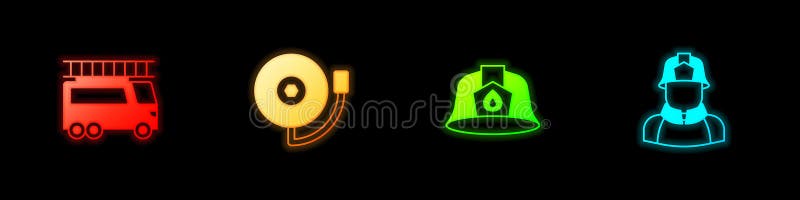 Set Fire Truck, Ringing Alarm Bell, Firefighter Helmet and Icon. Vector ...