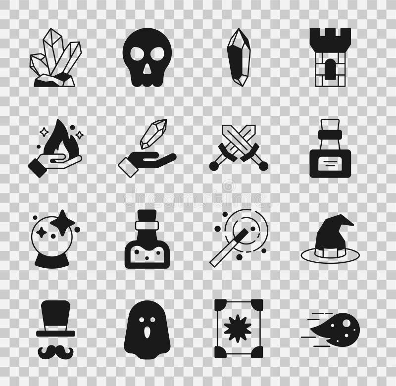 Set Fireball, Witch Hat, Bottle with Potion, Magic Stone, Hand Holding ...