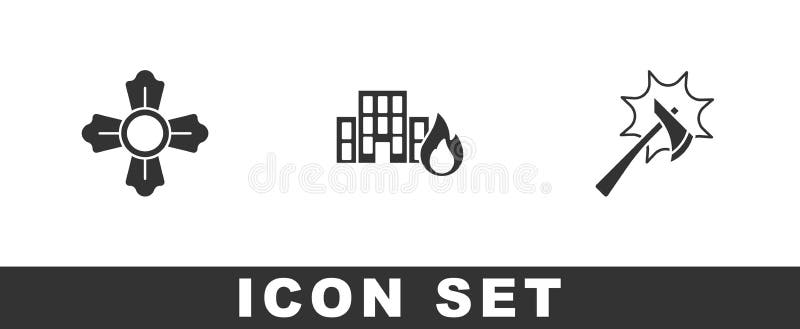 Set Firefighter, in Burning Buildings and Axe Icon. Vector Stock Vector ...