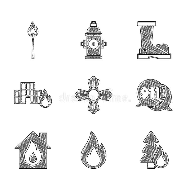 Set Firefighter, Flame, Burning Forest Tree, Telephone Call 911 ...