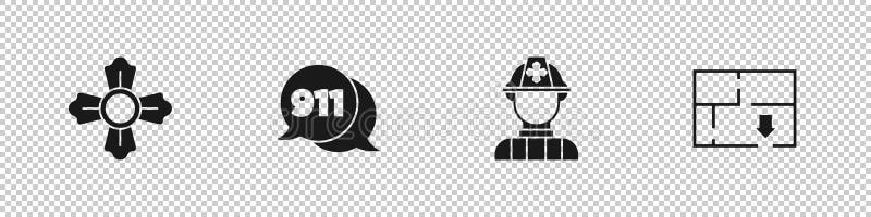 Set Firefighter, Telephone Call 911, and Evacuation Plan Icon. Vector ...
