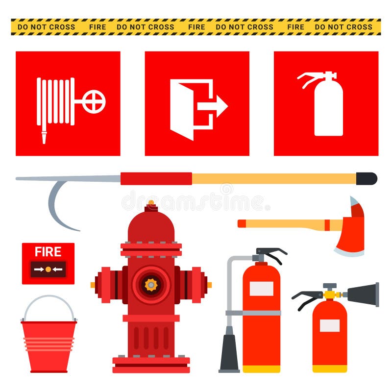 Set of Firefighting Equipment. Vector Flat Illustrations. Fire ...