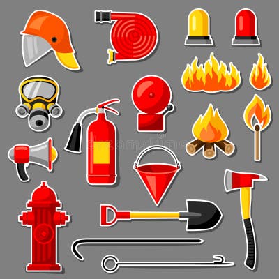 Set of Firefighting Stickers. Fire Protection Equipment Stock Vector ...