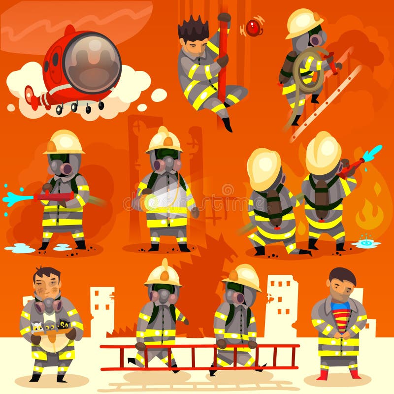 Set of fireman at work stock vector. Illustration of burning - 56775566