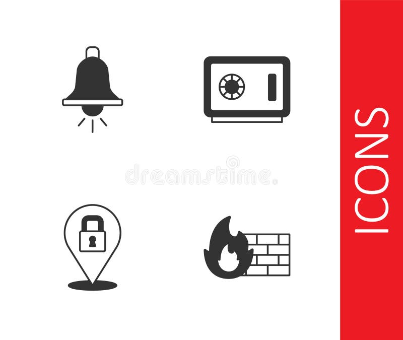 Set Firewall, Security Wall, Ringing Alarm Bell, Lock and Safe Icon ...