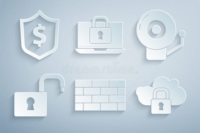 Set Firewall, Security Wall, Ringing Alarm Bell, Open Padlock, Cloud Computing, Laptop and and ...