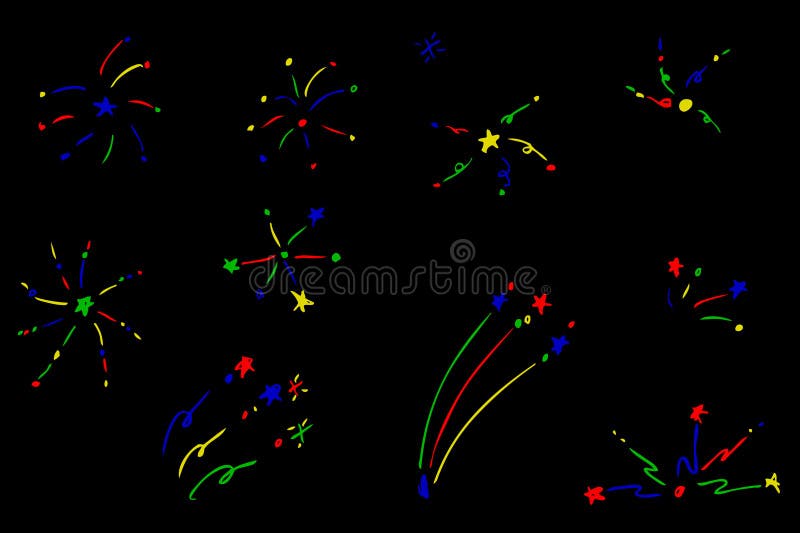 Set 11 Firework, Colorful Vector Hand Draw Sketch, Isolated on Black ...
