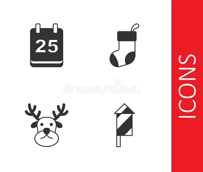 Set Firework Rocket, Christmas Day Calendar, Reindeer and Stocking Icon ...