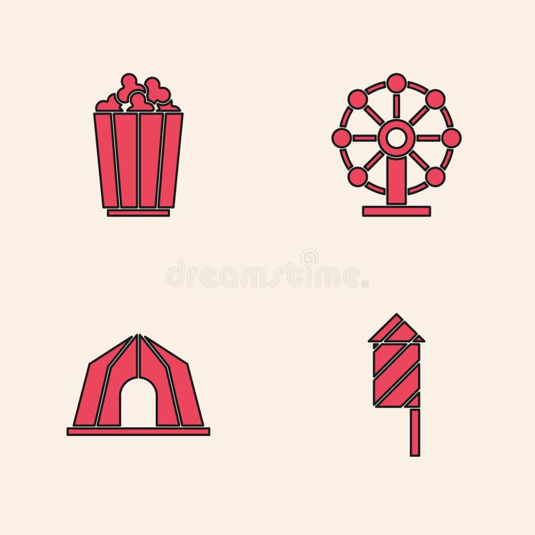 Set Firework Rocket, Popcorn in Box, Ferris Wheel and Circus Tent Icon ...