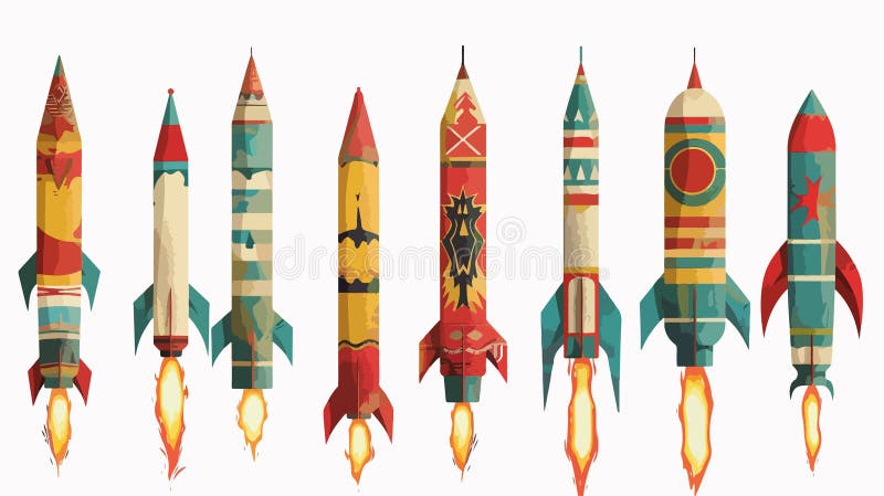A Set of Firework Rockets in Vector Illustration Style, Showcasing ...