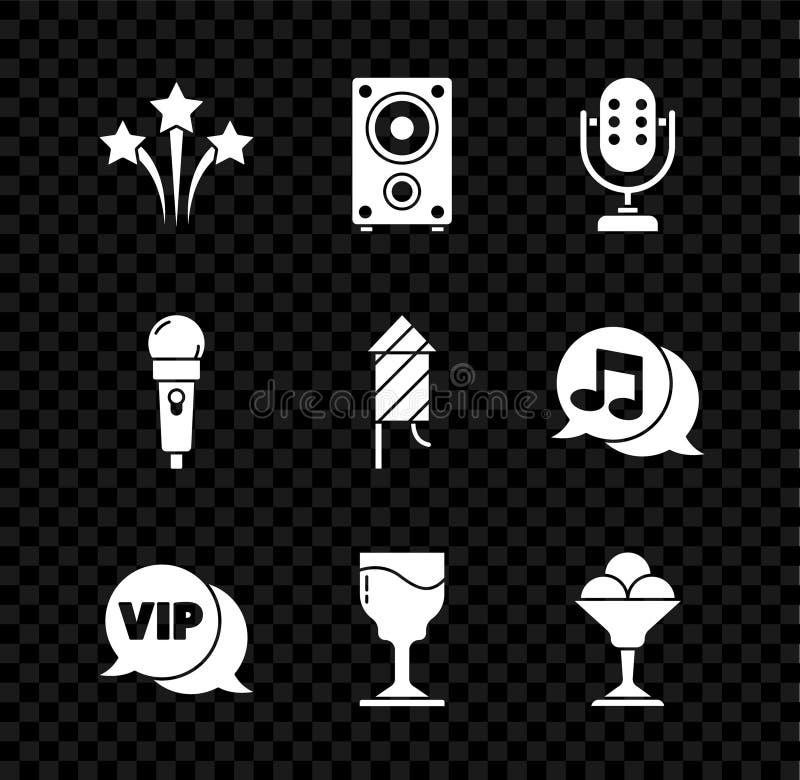 Set Firework, Stereo Speaker, Microphone, Vip in Speech Bubble, Wine ...