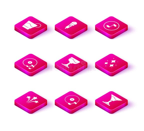 Set Firework, Vinyl Disk, Cocktail, Music Note, Tone and Microphone ...