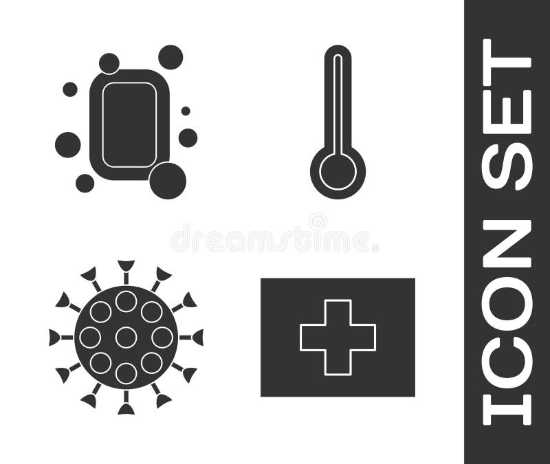 Set First Aid Kit, Bar of Soap, Virus and Medical Thermometer Icon ...