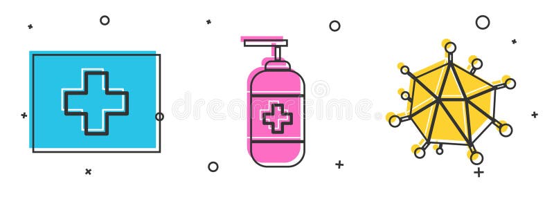 Set First Aid Kit, Bottle of Liquid Antibacterial Soap and Virus Stock ...