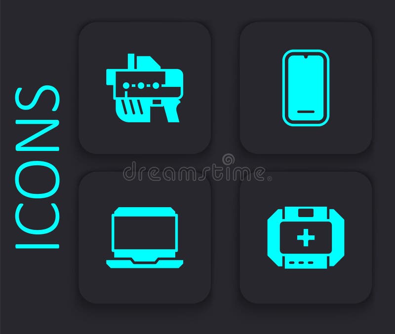 Set First Aid Kit, Futuristic Weapon, Mobile Phone and Laptop Icon ...