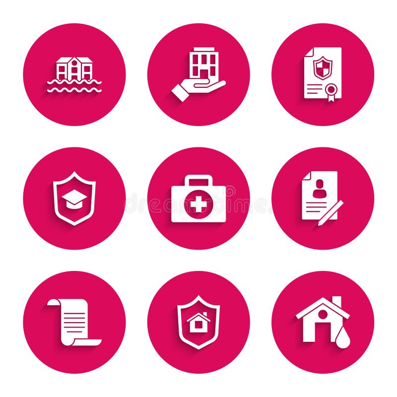 Set First Aid Kit, House with Shield, Flood, Document, Graduation Cap ...