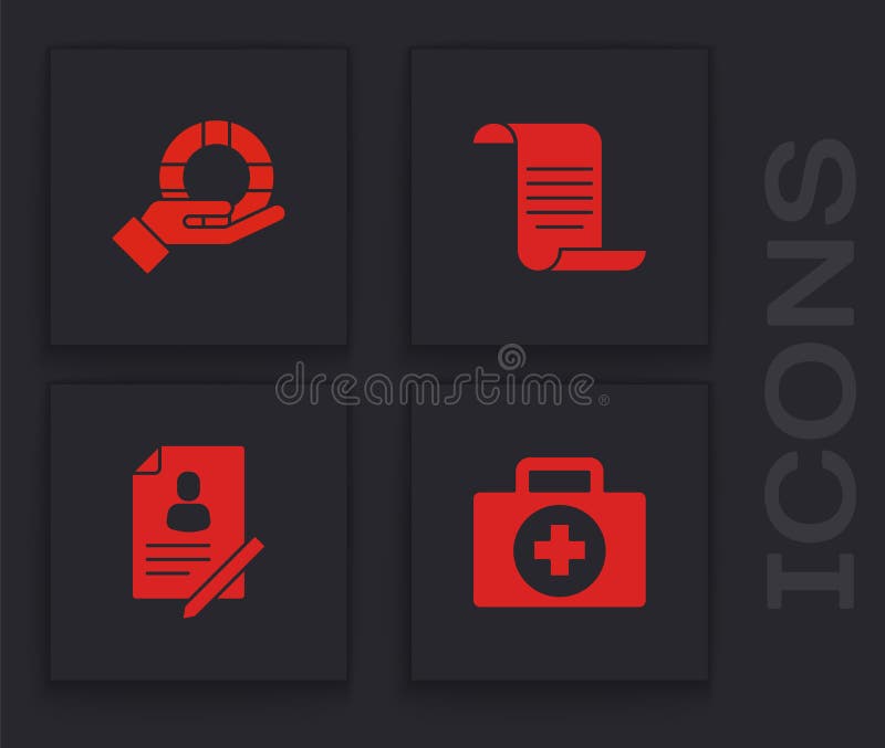 Set First Aid Kit, Lifebuoy in Hand, Document with Shield and Icon ...