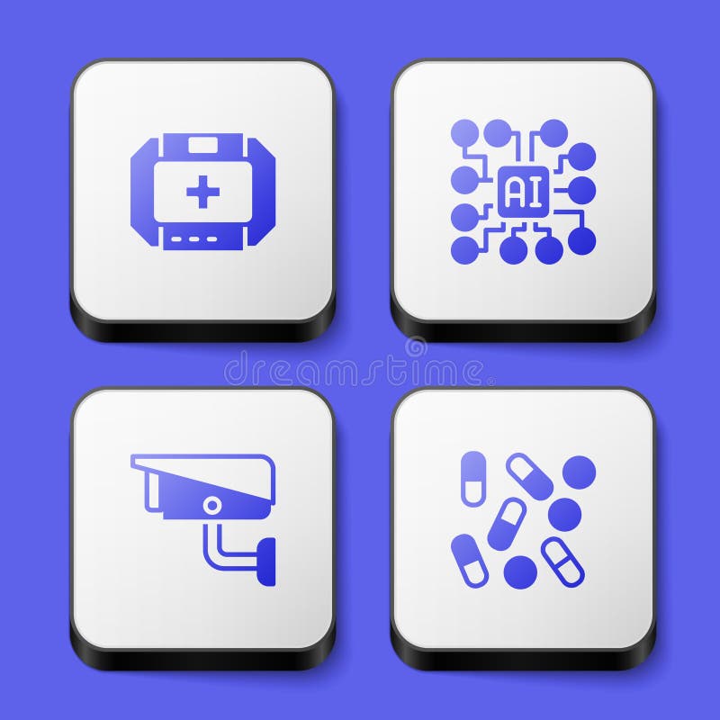 Set First Aid Kit, Neural Network, Security Camera and Medical Pill ...