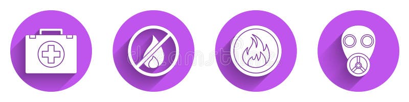 Set First Aid Kit, No Fire, Fire Flame and Gas Mask Icon with Long ...