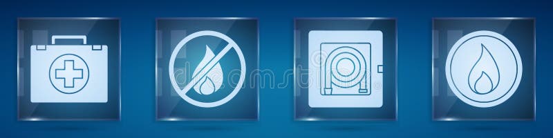 Set First Aid Kit, No Fire, Fire Hose Cabinet and Fire Flame. Square ...