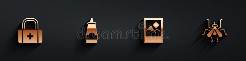 Set First Aid Kit, Sauce Bottle, Photo Frame and Mosquito Icon with ...